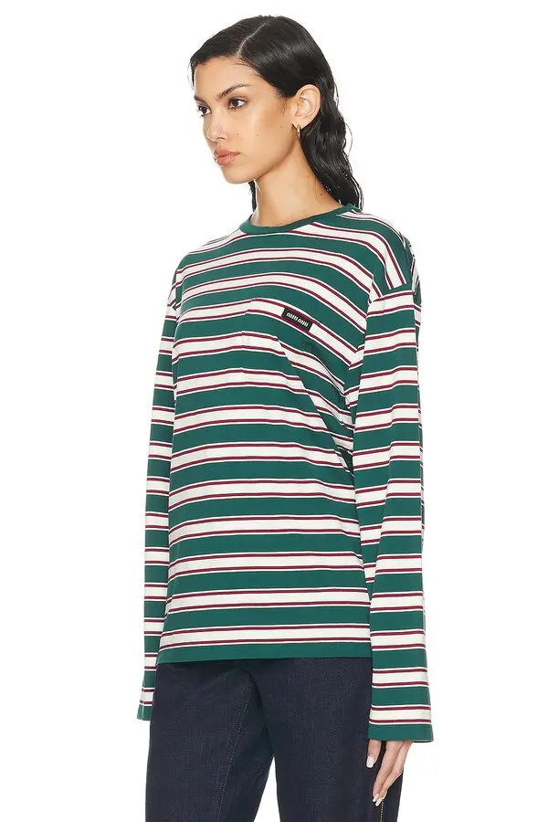 Miu Miu Long Sleeve Shirt In Dark Green - Verde Bianco & Cognac